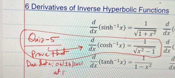 Solved 6 Derivatives of Inverse Hyperbolic Functions Due | Chegg.com