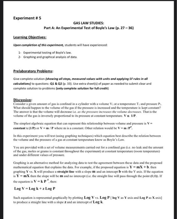 Solved Experiment # 5 GAS LAW STUDIES: Part A: An | Chegg.com
