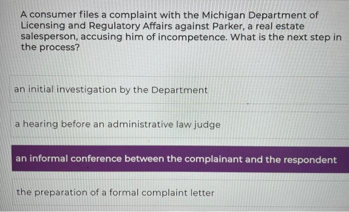 Solved A consumer files a complaint with the Michigan | Chegg.com