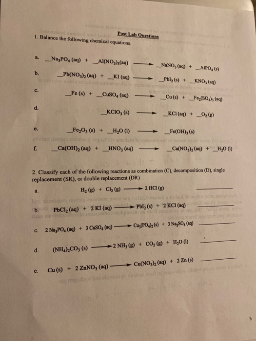 Solved Post Lab Questions 1. Balance the following chemical | Chegg.com