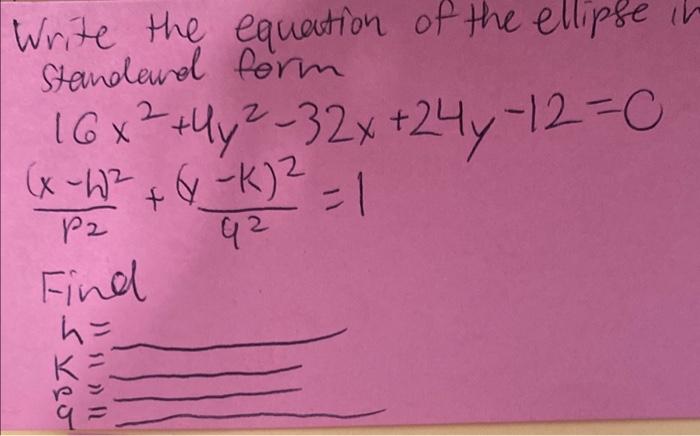 Solved Write the equation of the ellipse in standavel form | Chegg.com