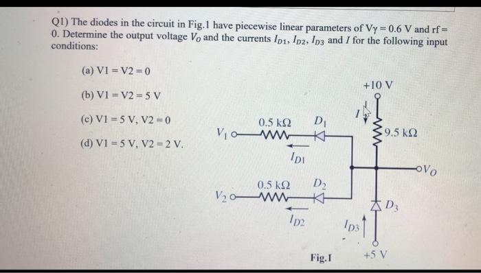 Solved Q1) The diodes in the circuit in Fig.1 have piecewise | Chegg.com