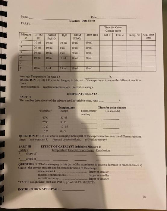Name Date Kinetics Data Sheet PARTI Time for Color | Chegg.com