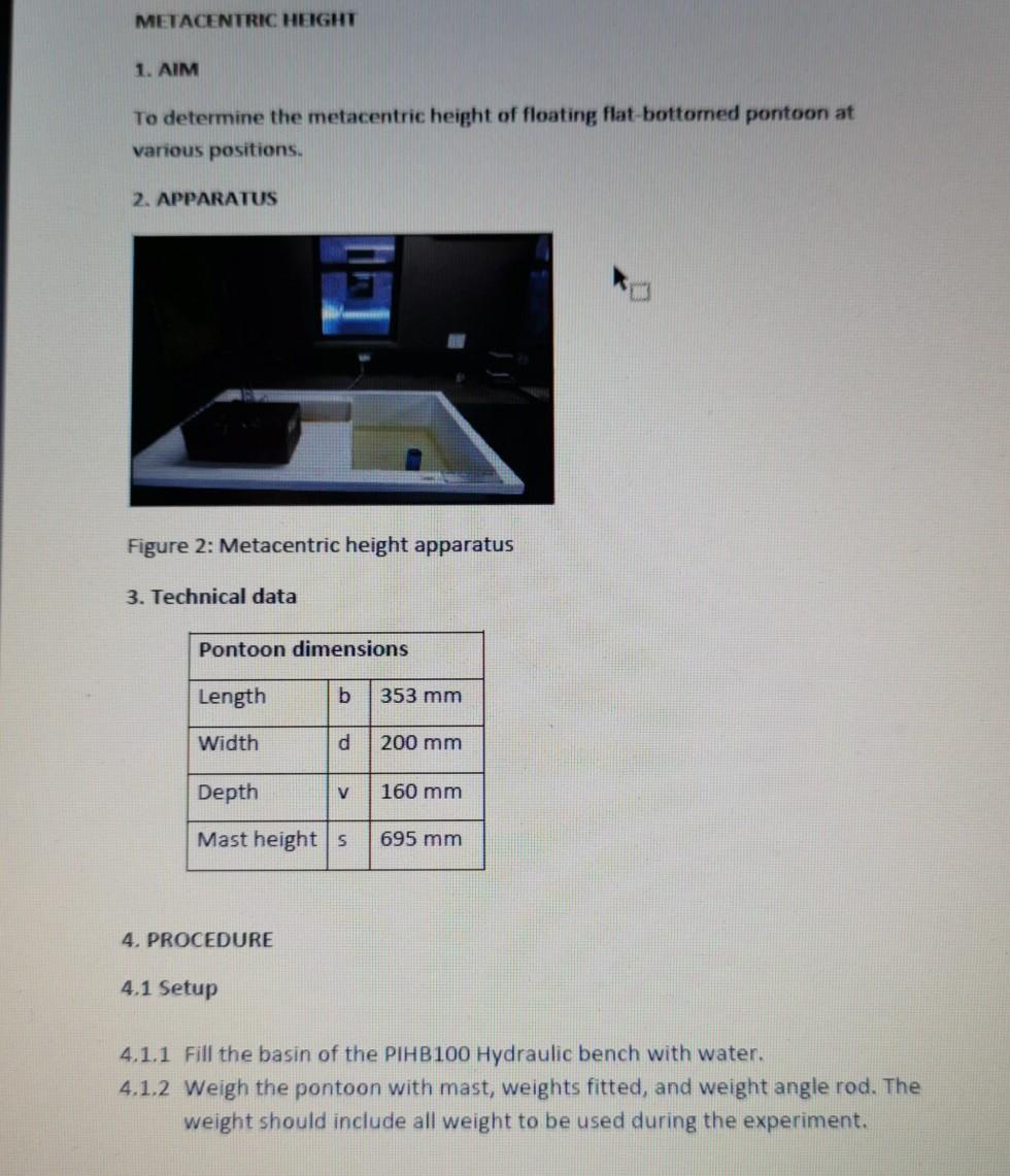 METACENTRIC HEIGHT 1. AIM To determine the | Chegg.com