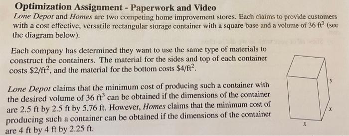 Solved Optimization Assignment - Paperwork and Video Lone | Chegg.com