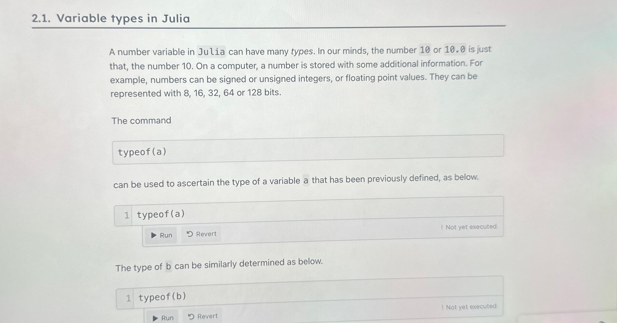 Solved 2.1. ﻿Variable types in JuliaA number variable in | Chegg.com