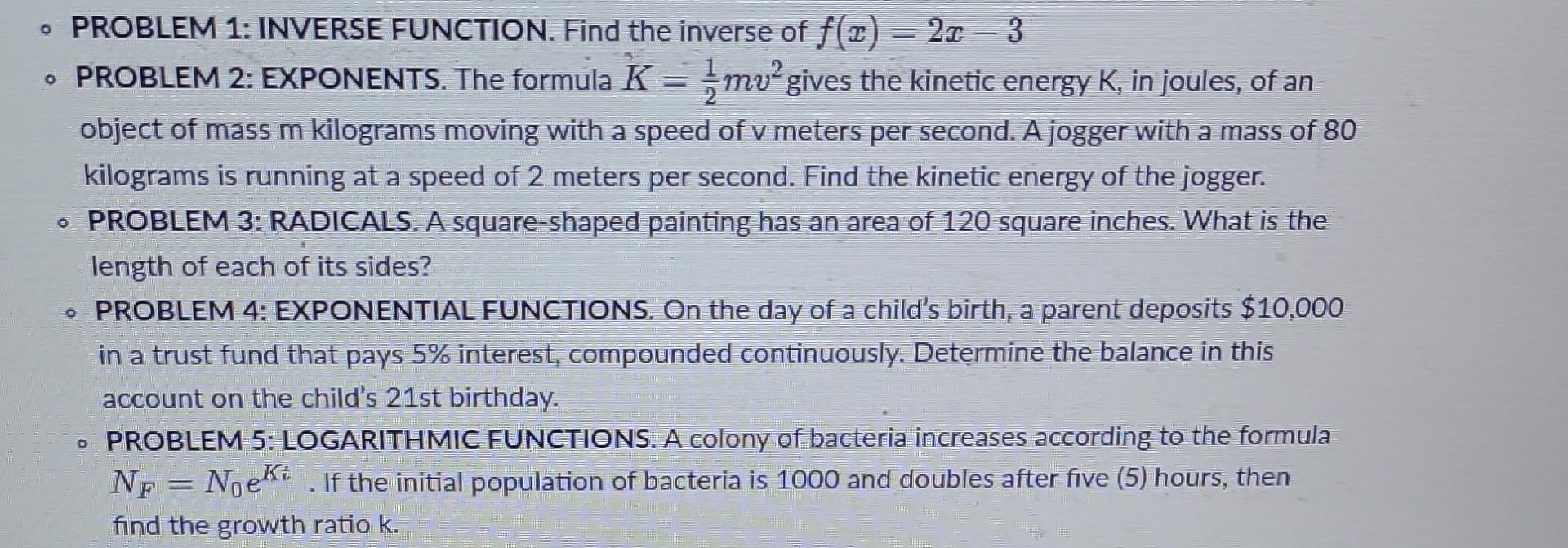 Solved PROBLEM 1: INVERSE FUNCTION. Find the inverse of | Chegg.com