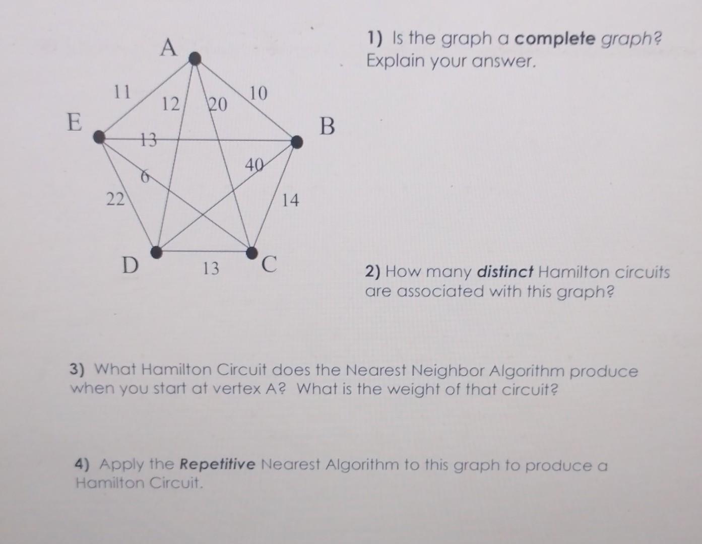 Solved 1) Is the graph a complete graph? Explain your | Chegg.com