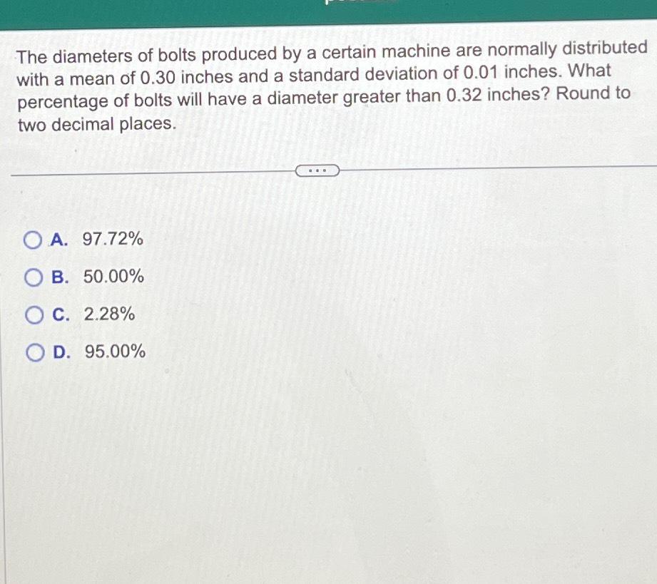 Solved The diameters of bolts produced by a certain machine | Chegg.com