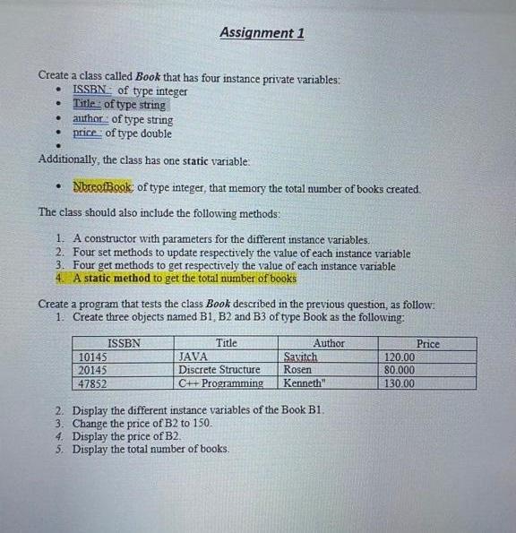 Solved Assignment 1 . Create a class called Book that has | Chegg.com