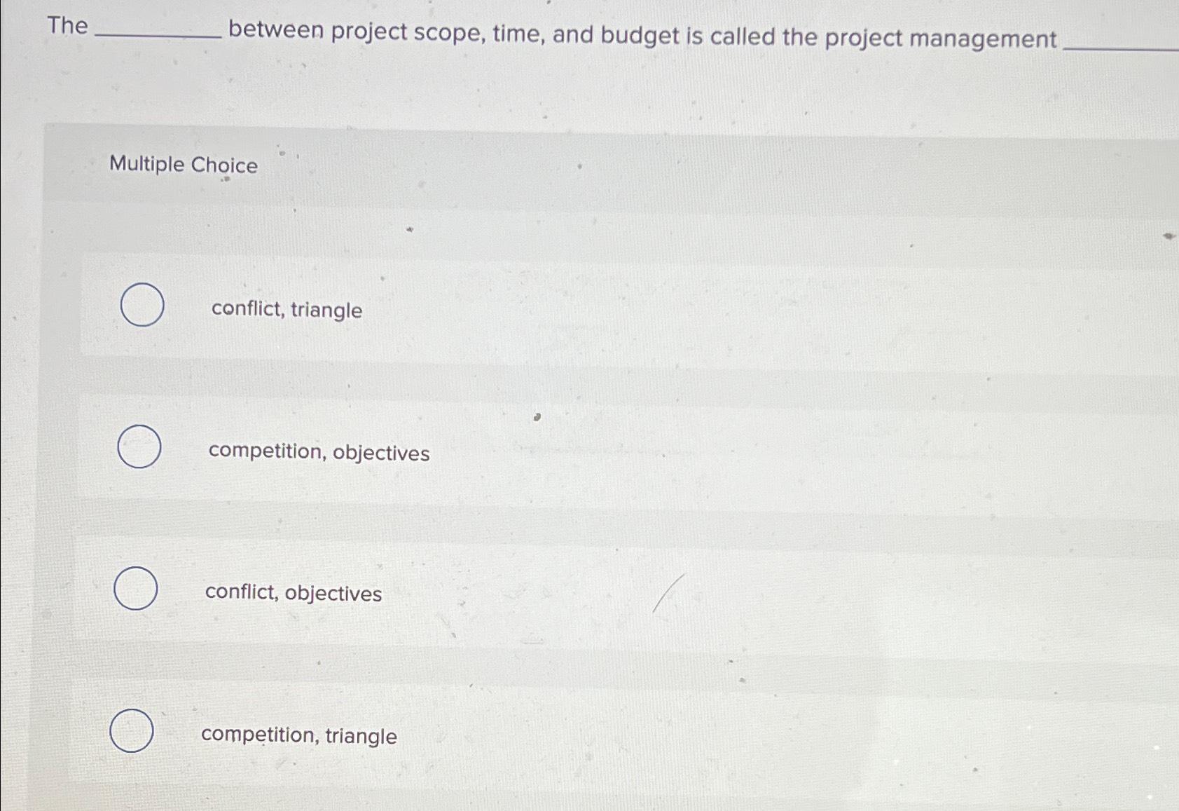 Solved The between project scope, time, and budget is called | Chegg.com