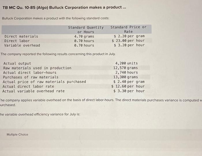 Solved TB MC Qu. 10-85 (Algo) Bulluck Corporation makes a | Chegg.com