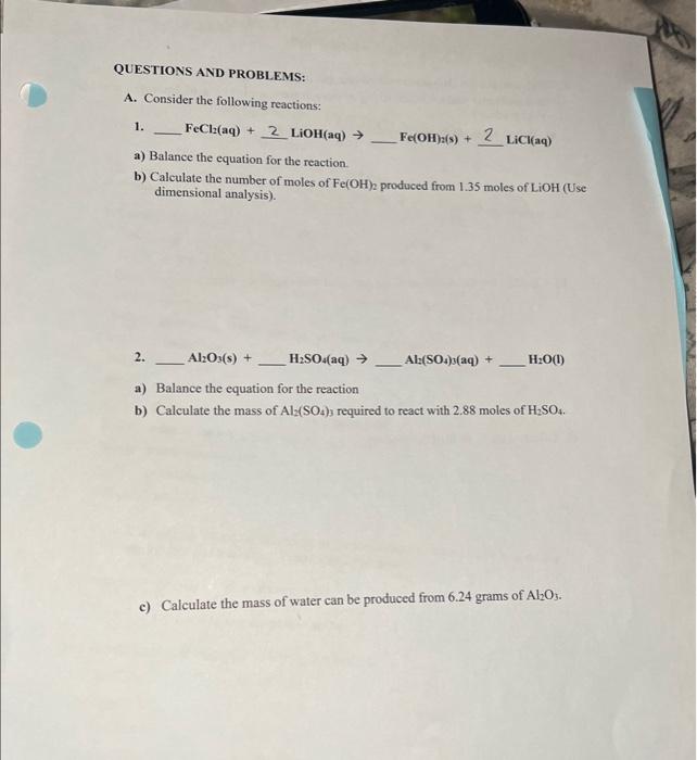Solved 1. FeCl2(aq)+2LiOH(aq)→…Fe(OH)2( s)+2LiCl(aq) a) | Chegg.com