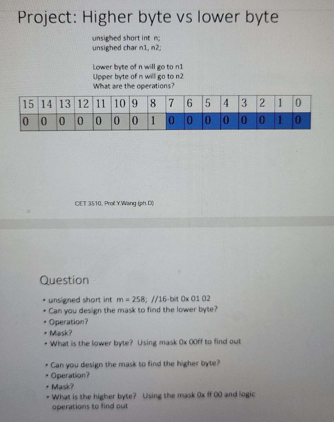 Project: Higher byte vs lower byte unsighed short int | Chegg.com