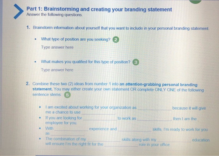 Solved Part 1: Brainstorming and creating your branding | Chegg.com
