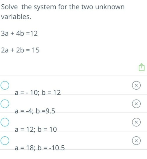 Solved Solve the system for the two unknown variables. 3a + | Chegg.com