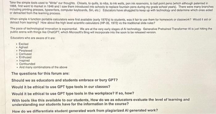 Solved Take the simple tools used to "Write" our thoughts. | Chegg.com