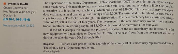 Solved Problem 16-40 County Government Net-Present-Value | Chegg.com