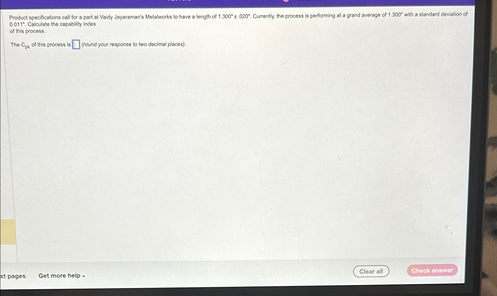 Solved 0.011**. ﻿Calculate the capability index of this | Chegg.com