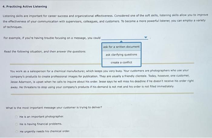 Solved 4. Practicing Active Listening Listening skills are | Chegg.com