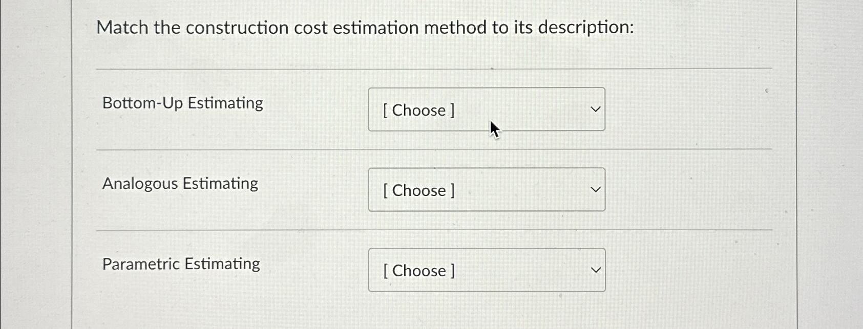 Solved Match The Construction Cost Estimation Method To Its