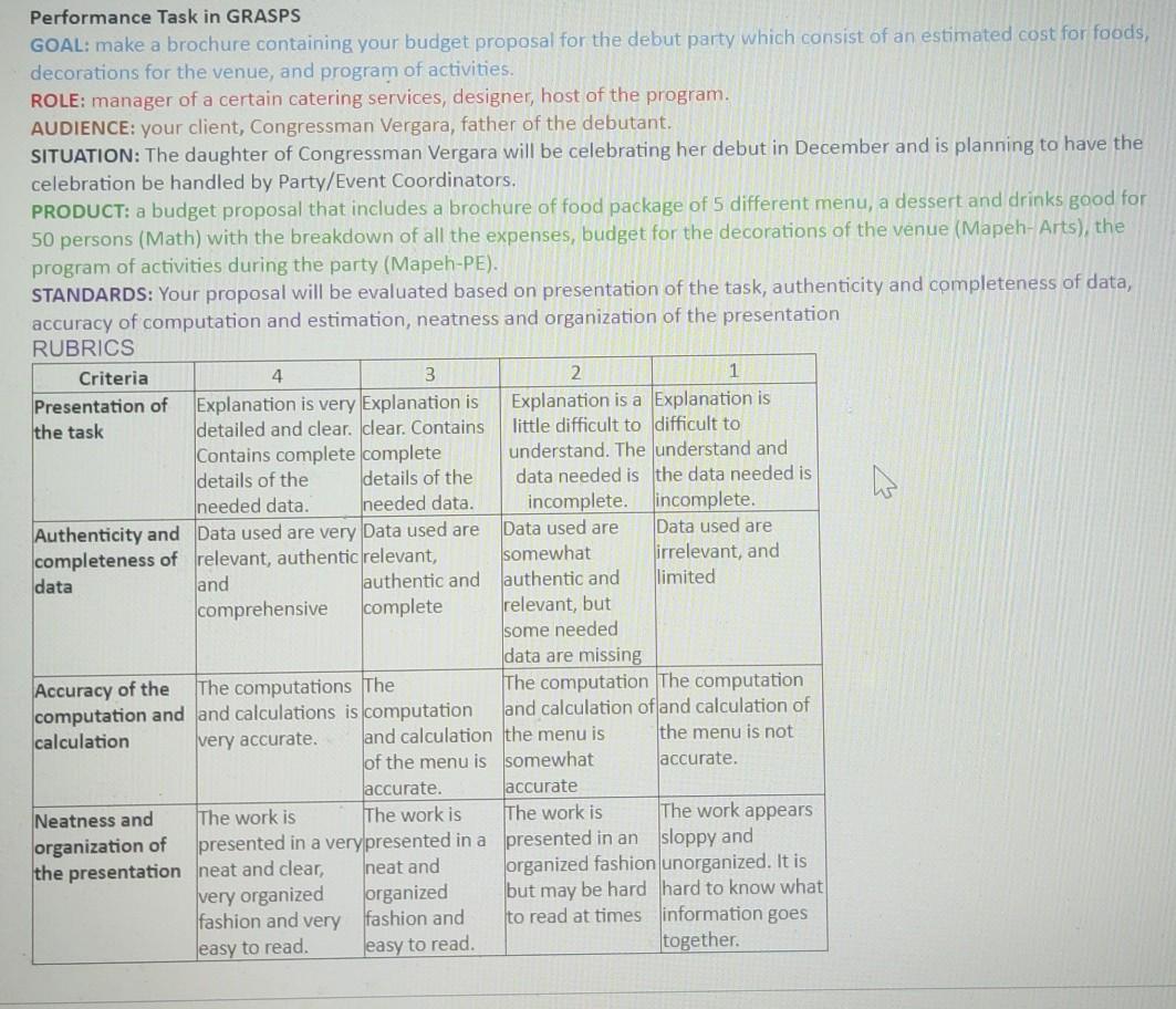 Performance Task in GRASPS GOAL: make a brochure | Chegg.com