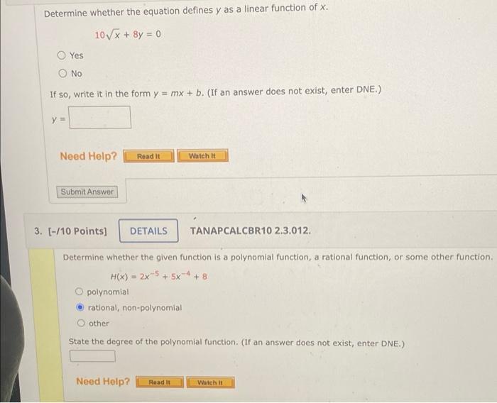 Solved Determine whether the equation defines y as a linear | Chegg.com