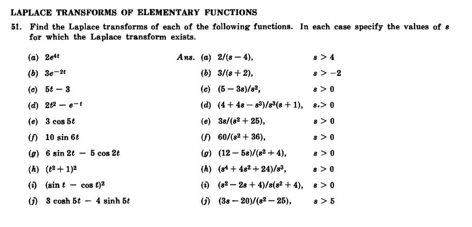 Solved LAPLACE TRANSFORMS OF ELEMENTARY FUNCTIONS 51. Find | Chegg.com