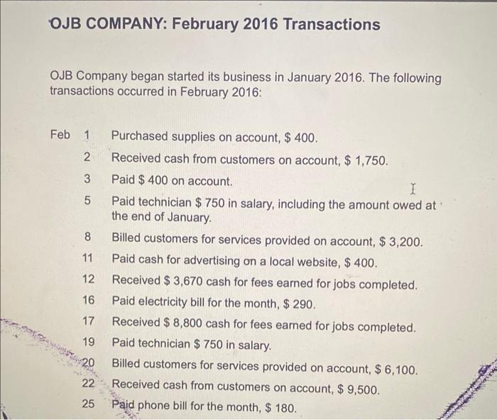 OJB COMPANY: February 2016 Transactions OJB Company | Chegg.com