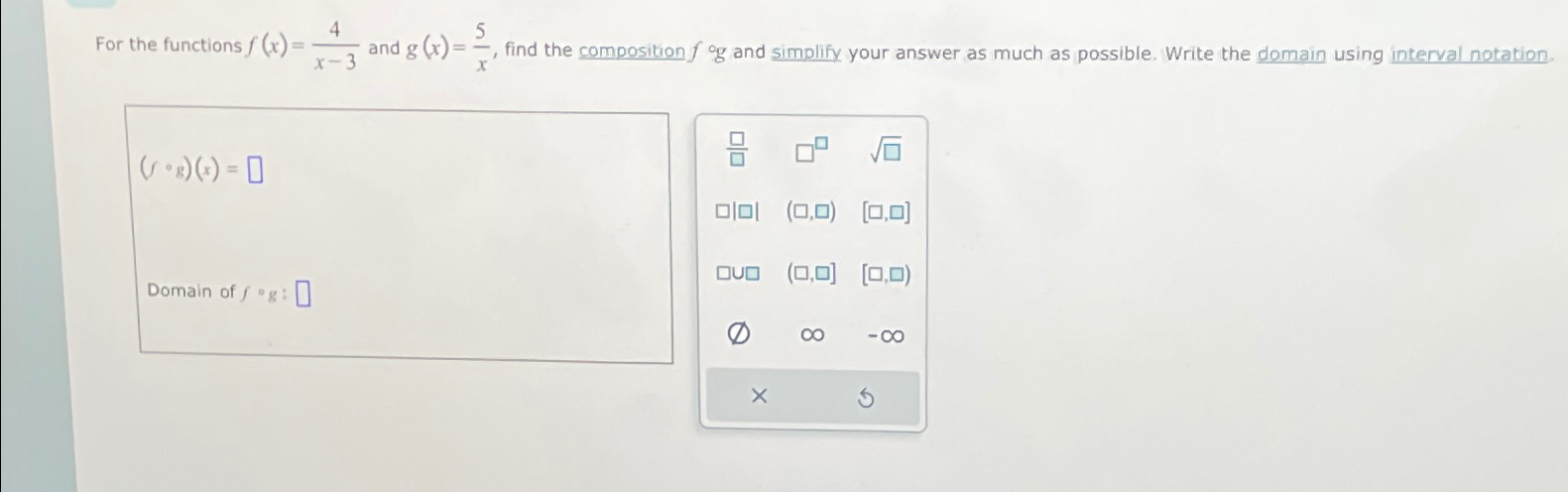Solved For the functions f(x)=4x-3 ﻿and g(x)=5x, ﻿find the | Chegg.com