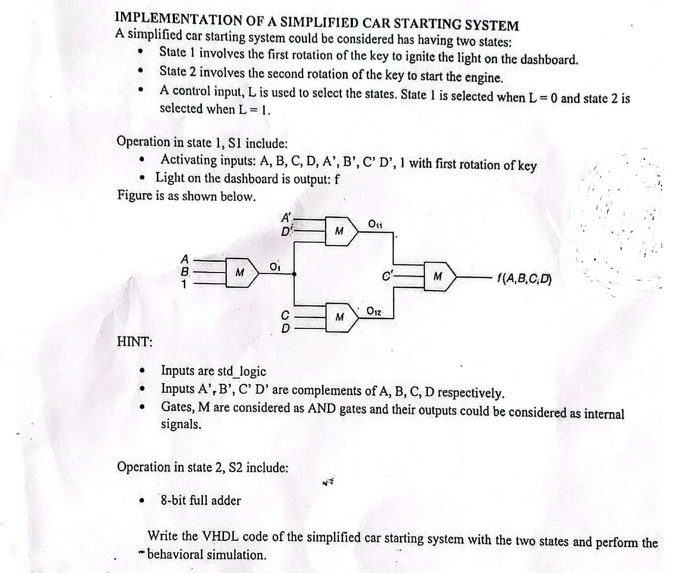 IMPLEMENTATION OF A SIMPLIFIED CAR STARTING SYSTEMA | Chegg.com