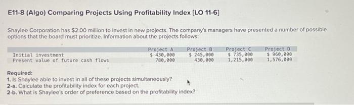 Solved E11-8 (Algo) Comparing Projects Using Profitability | Chegg.com