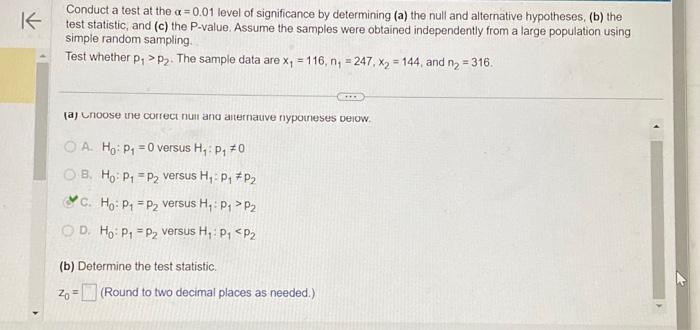 Solved Conduct a test at the α=0.01 level of significance by | Chegg.com