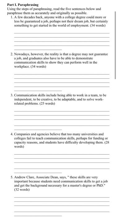 Solved Part I. Paraphrasing Using the steps of paraphrasing, | Chegg.com