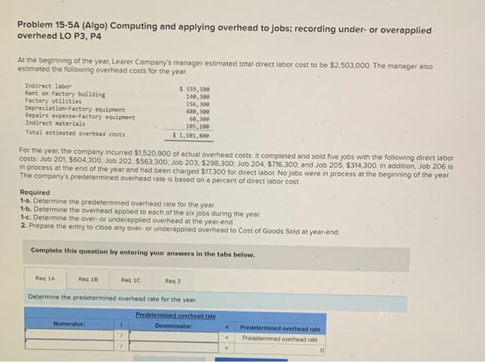 Solved Problem 15-5A (Algo) Computing and applying overhead | Chegg.com