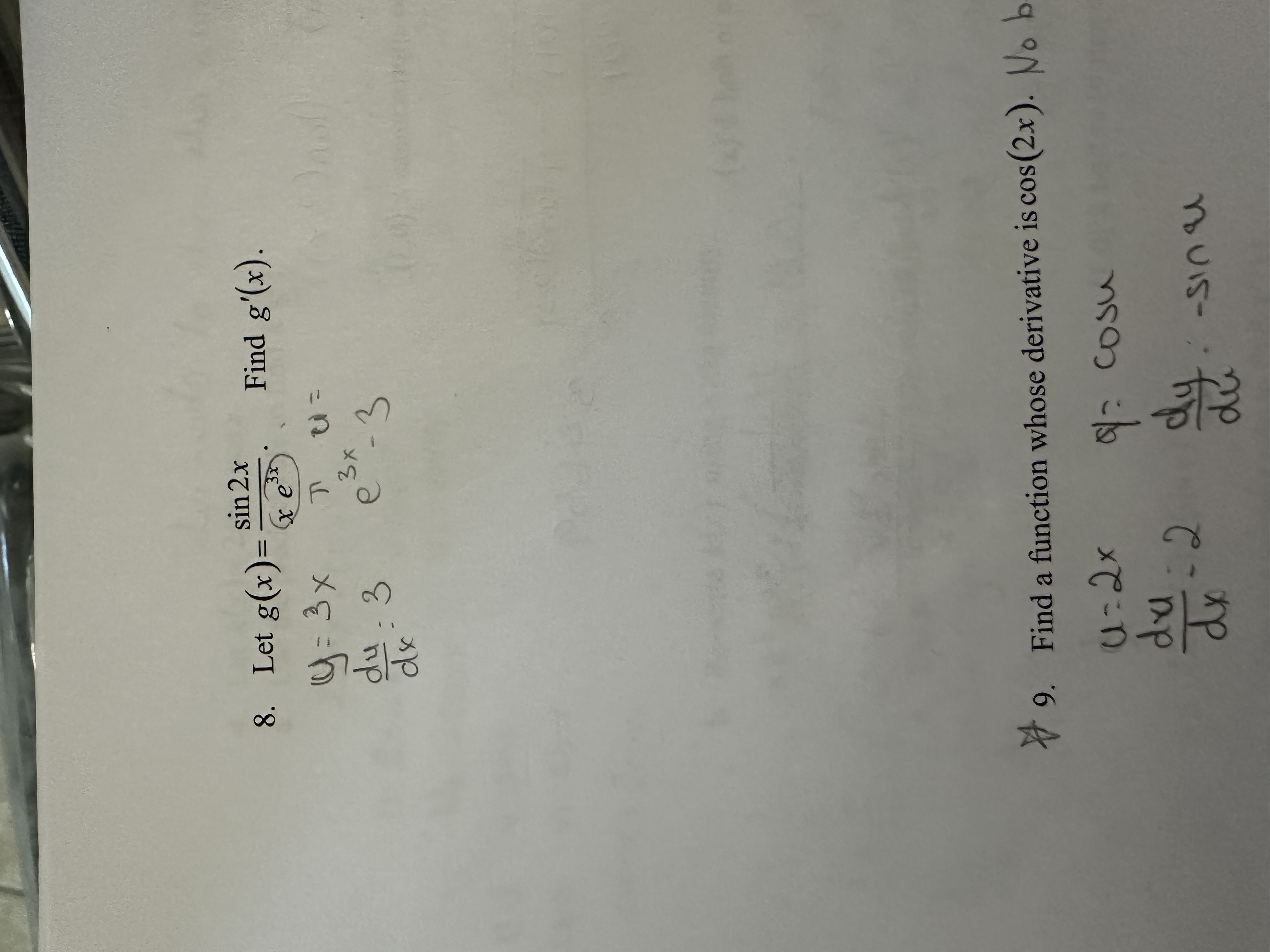 Solved Let g(x)=sin2xxe3x. ﻿Find g'(x). | Chegg.com