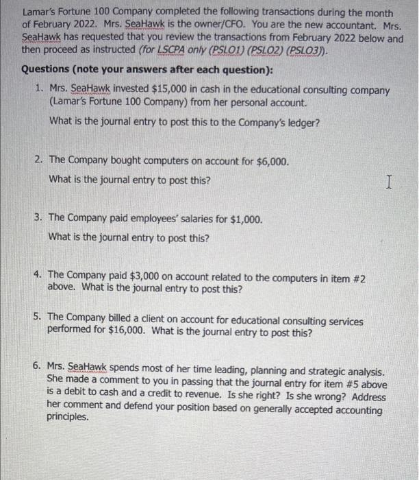Solved Lamar's Fortune 100 Company completed the following | Chegg.com