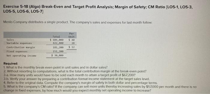 Solved Exercise 5-18 (Algo) Break-Even and Target Profit | Chegg.com