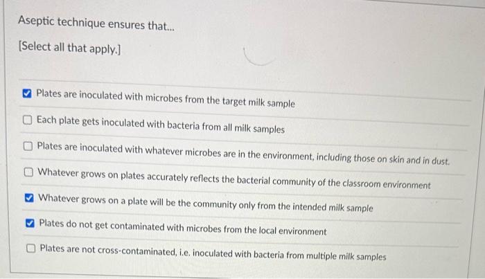 Solved Aseptic technique ensures that... [Select all that | Chegg.com