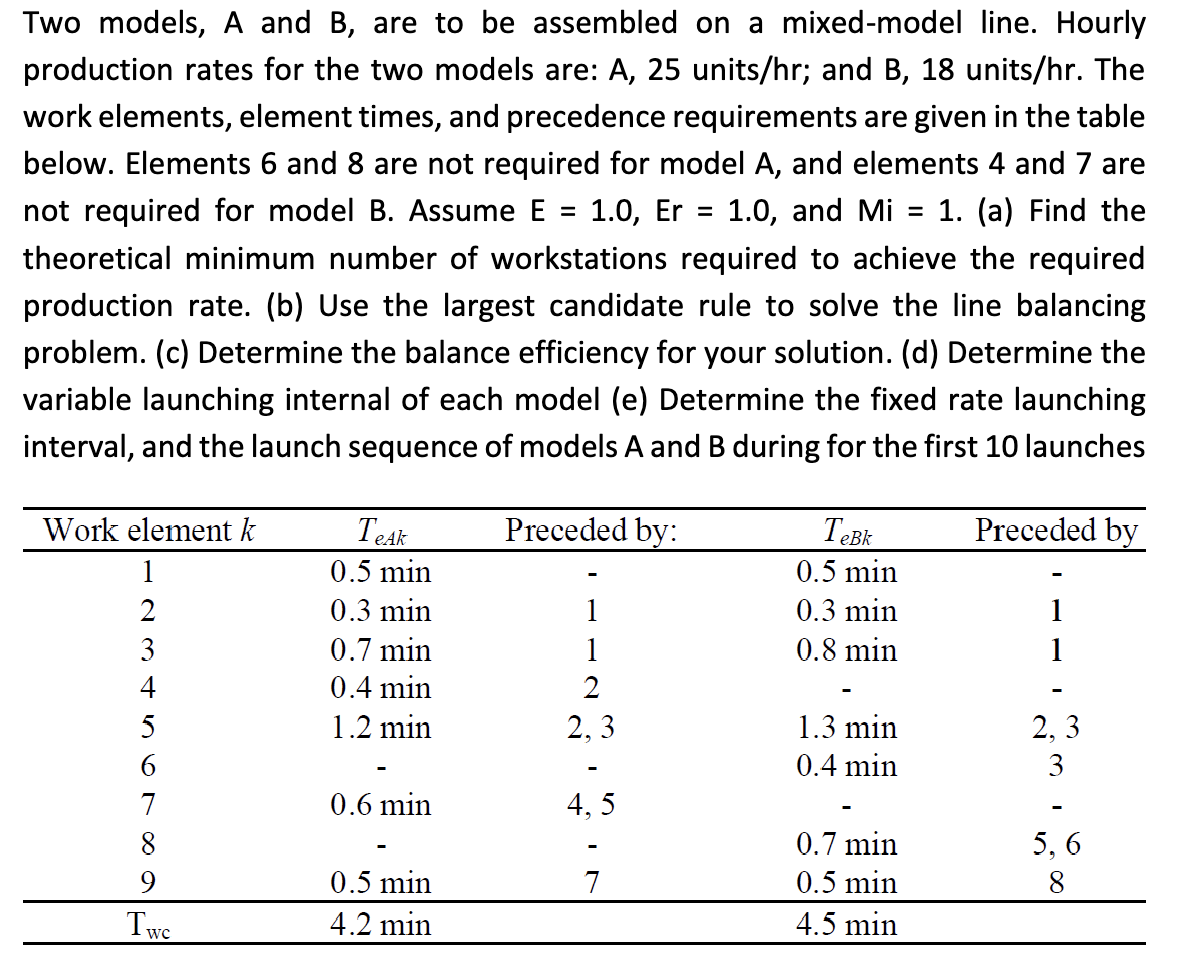 Solved by an EXPERT Two models, A and B, ﻿are to be assembled on a | Chegg.com