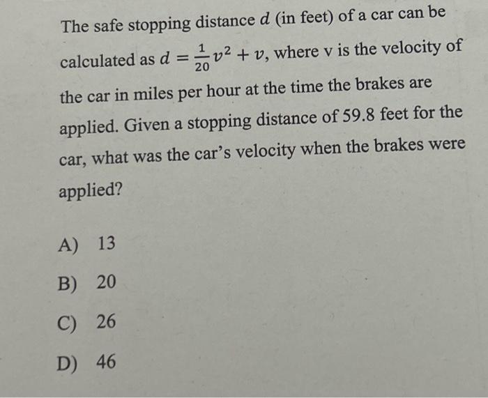 Solved The safe stopping distance d (in feet) of a car can | Chegg.com