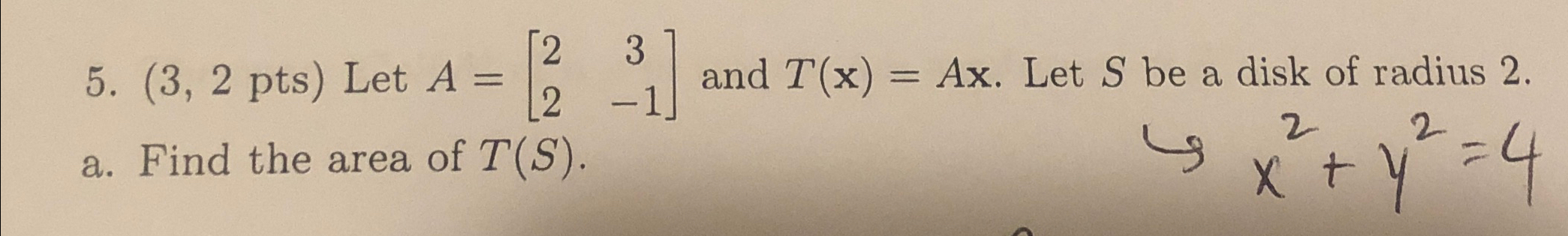 Solved Let A=[232-1] ﻿and T(x)=Ax. ﻿Let S ﻿be a disk of | Chegg.com