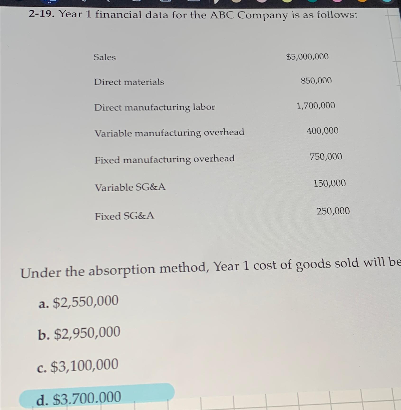 Solved 2-19. ﻿Year 1 ﻿financial data for the ABC Company is | Chegg.com