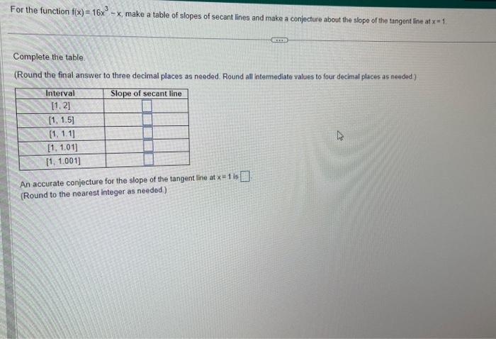 Solved For the function f(x)=16x3−x, make a table of slopes | Chegg.com
