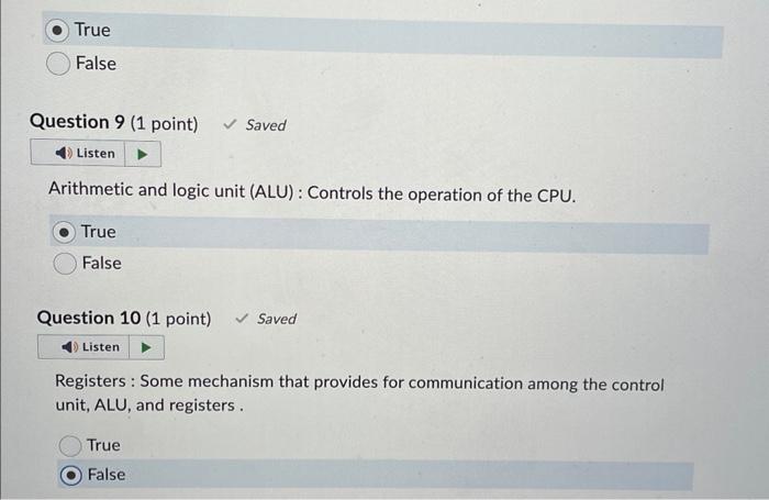 Solved Control unit: Controls the operation of the CPU. True | Chegg.com