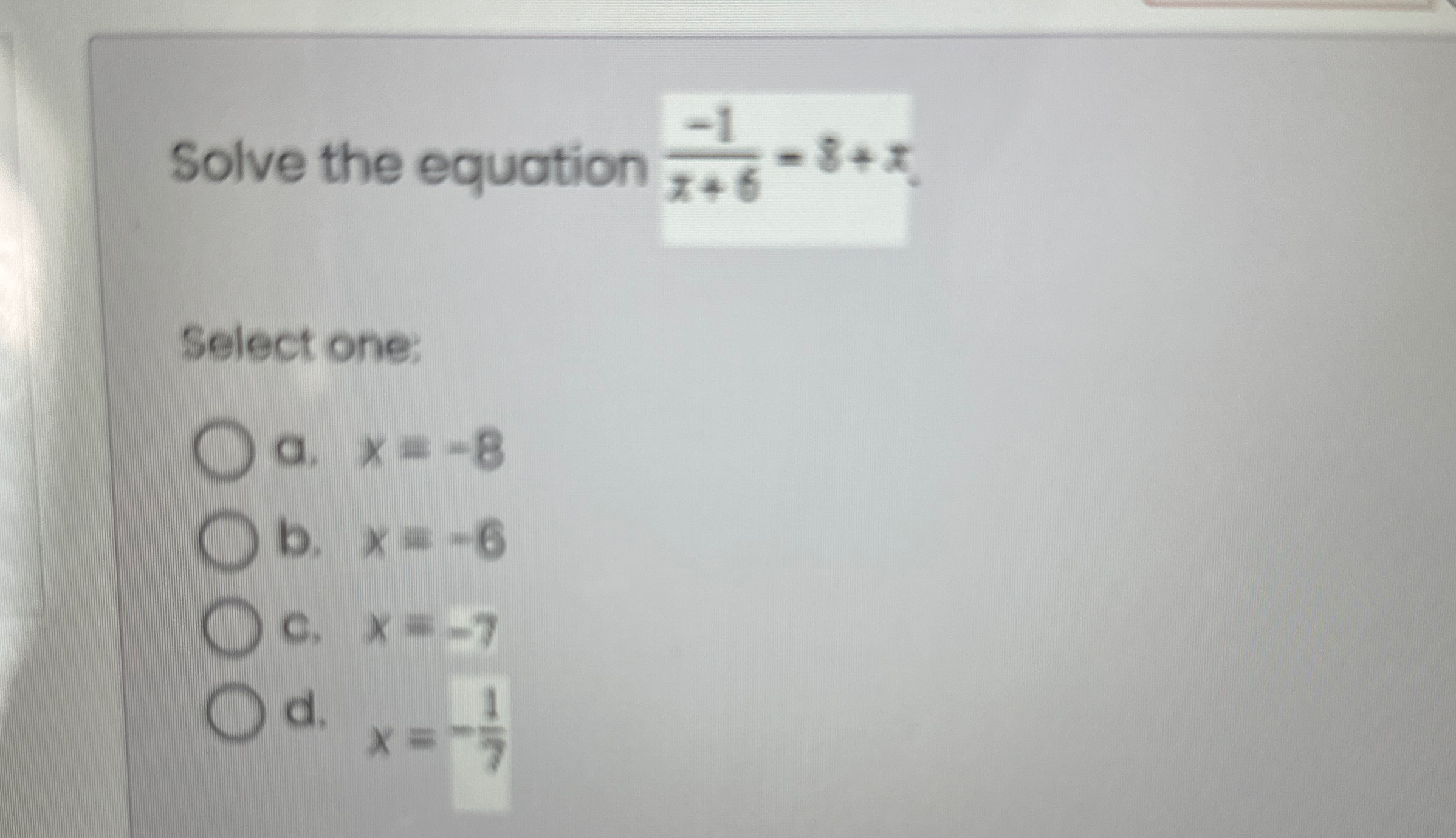 Solved Solve the equation -1x+6=8+xSelect | Chegg.com