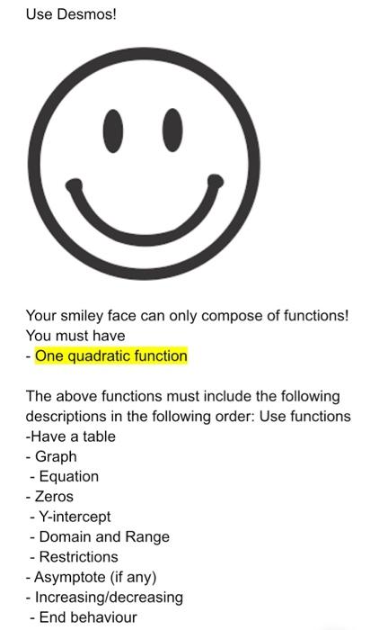Solved Use Desmos! Your smiley face can only compose of | Chegg.com