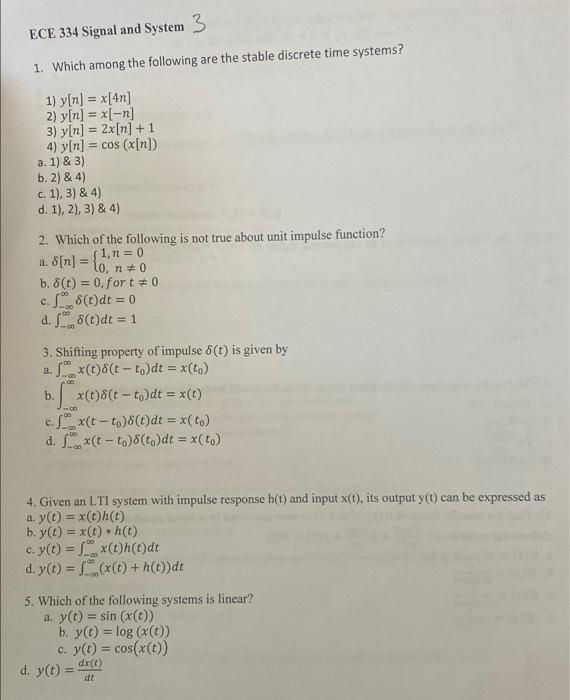 Solved ECE 334 Signal and System 3 1. Which among the | Chegg.com