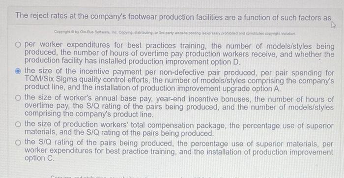 Solved The reject rates at the company's footwear production | Chegg.com