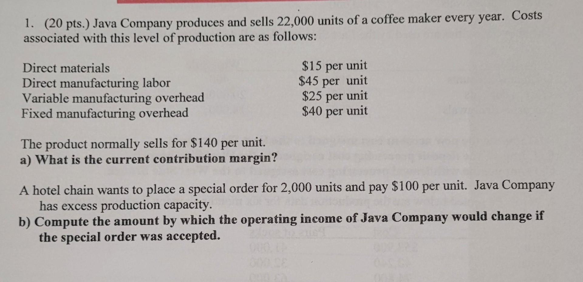 Solved 1. (20 pts.) Java Company produces and sells 22,000 | Chegg.com